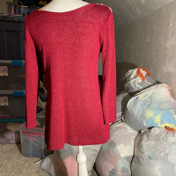 Tops | Deep Red Sweater With Creamy Lace Across Shoulders | Poshmark